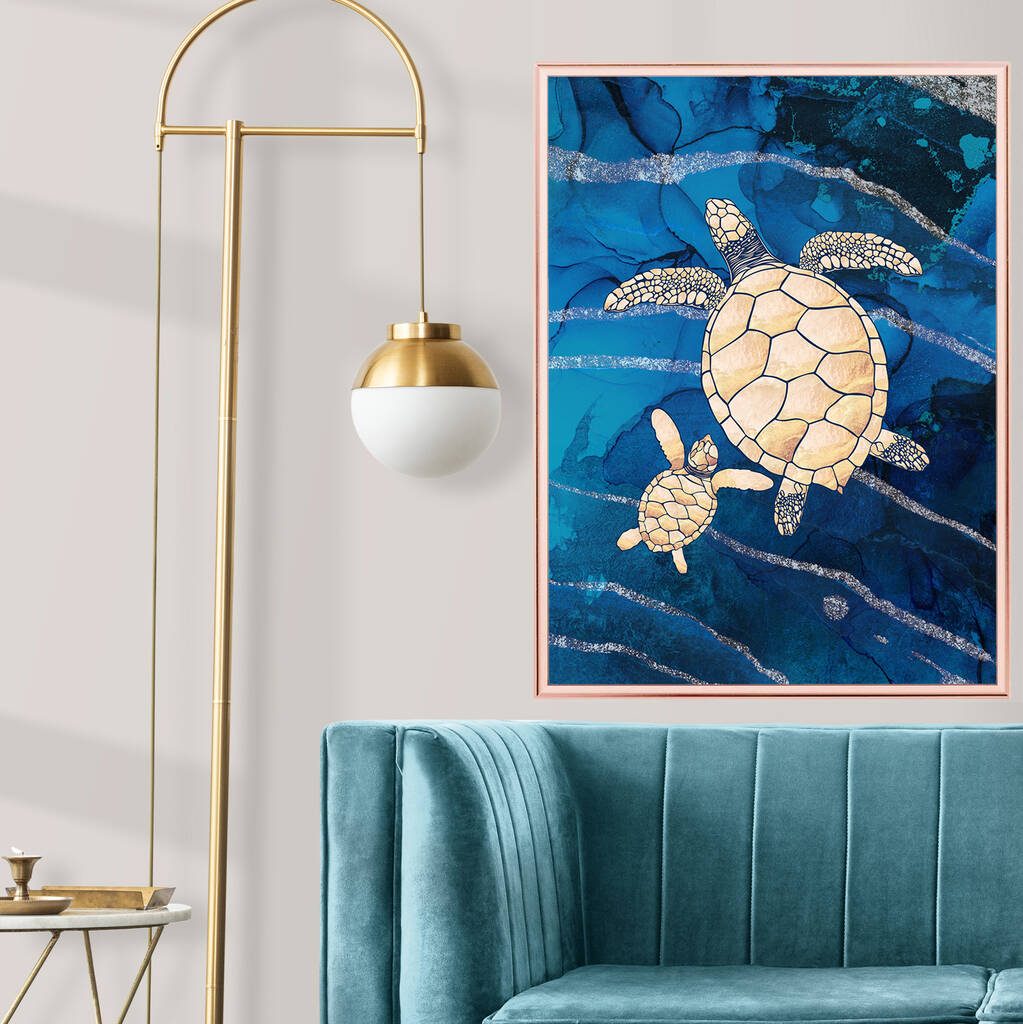 Gold Blue Alcohol Ink Turtle Wall Art Print By Sarah Manovski Art ...