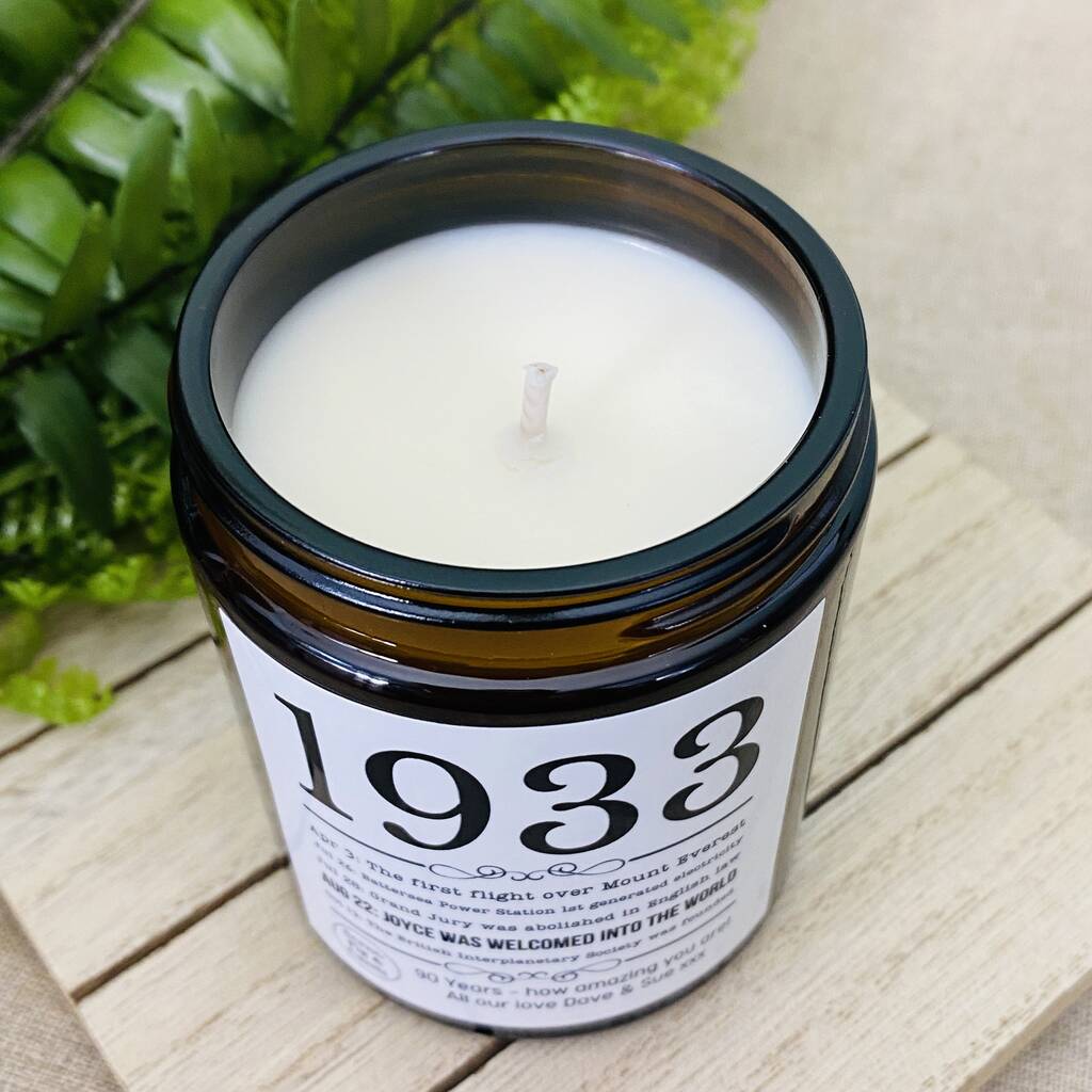 Personalised 90th 1933 Timeline Birthday Amber Candle By The Fire Shack
