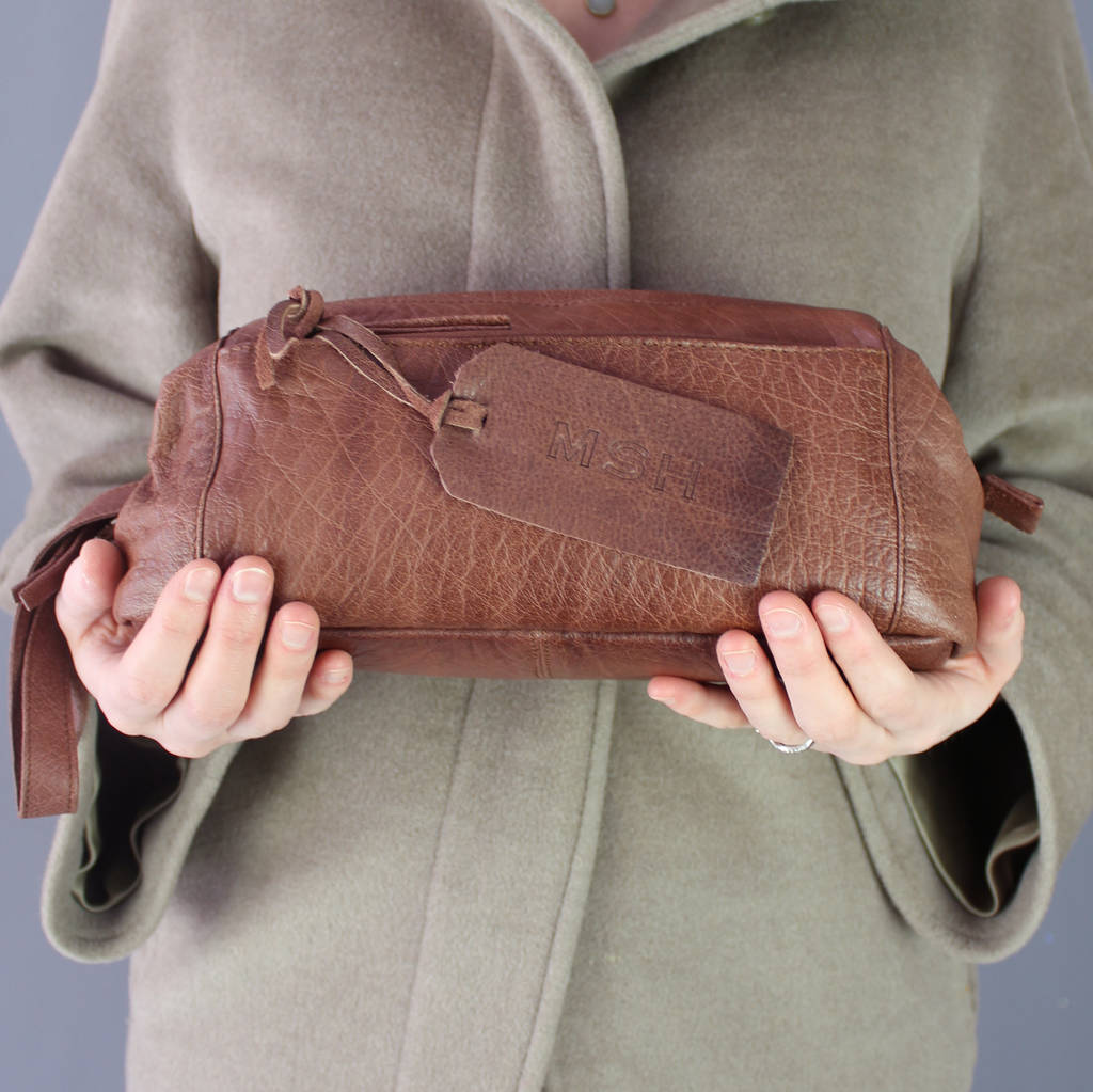Zipped Personalised Leather Wash Bag By Vintage Child ...