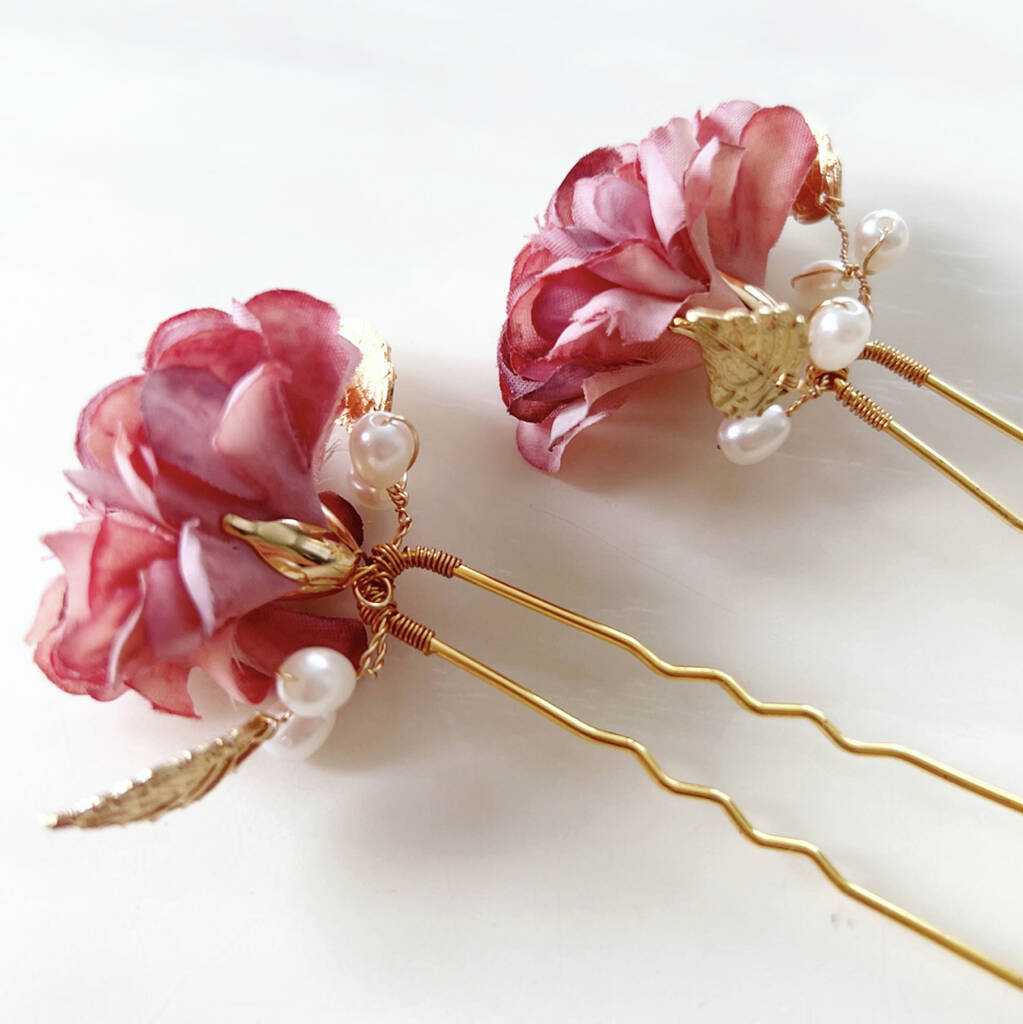 Dark Pink Floral Hair Pins By Petal & Pearl Accessories