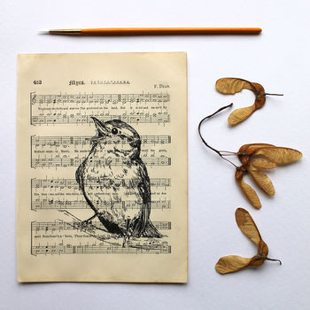singing bird screen print on vintage sheet music paper by ...