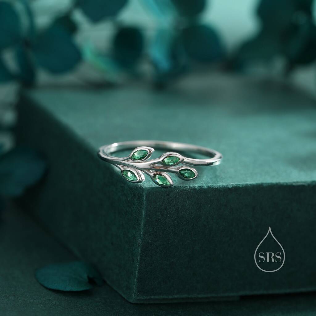 Sterling Silver Green Cz Leaf Ring By Silver Rain Silver