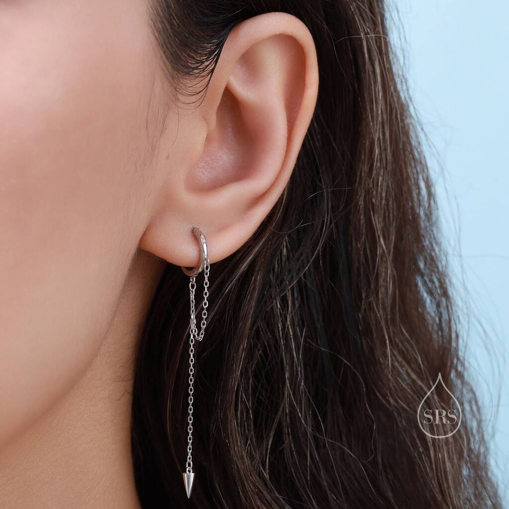 Dangling Spike Chain Huggie Hoop Earrings By Silver Rain Silver