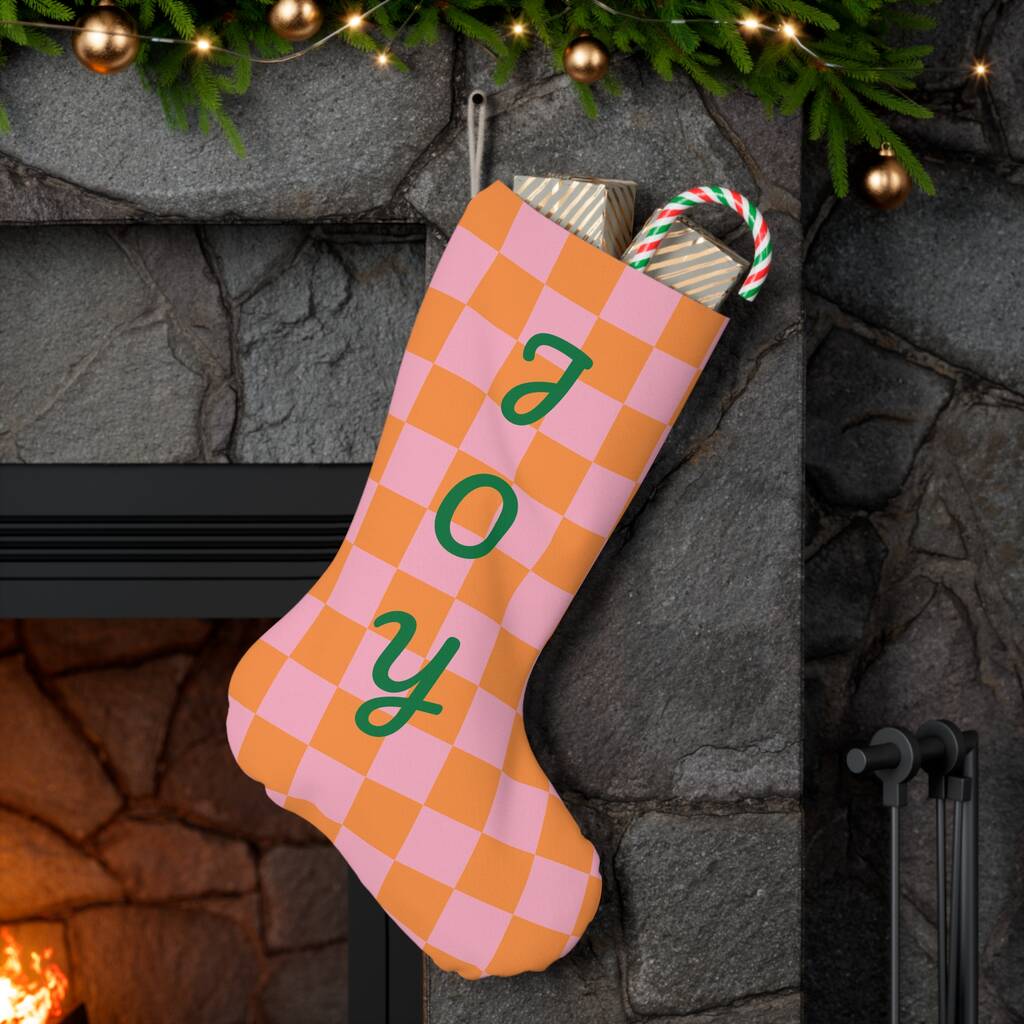 Orange And Pink 'Joy' Printed Christmas Stocking By Knotsy Brighton