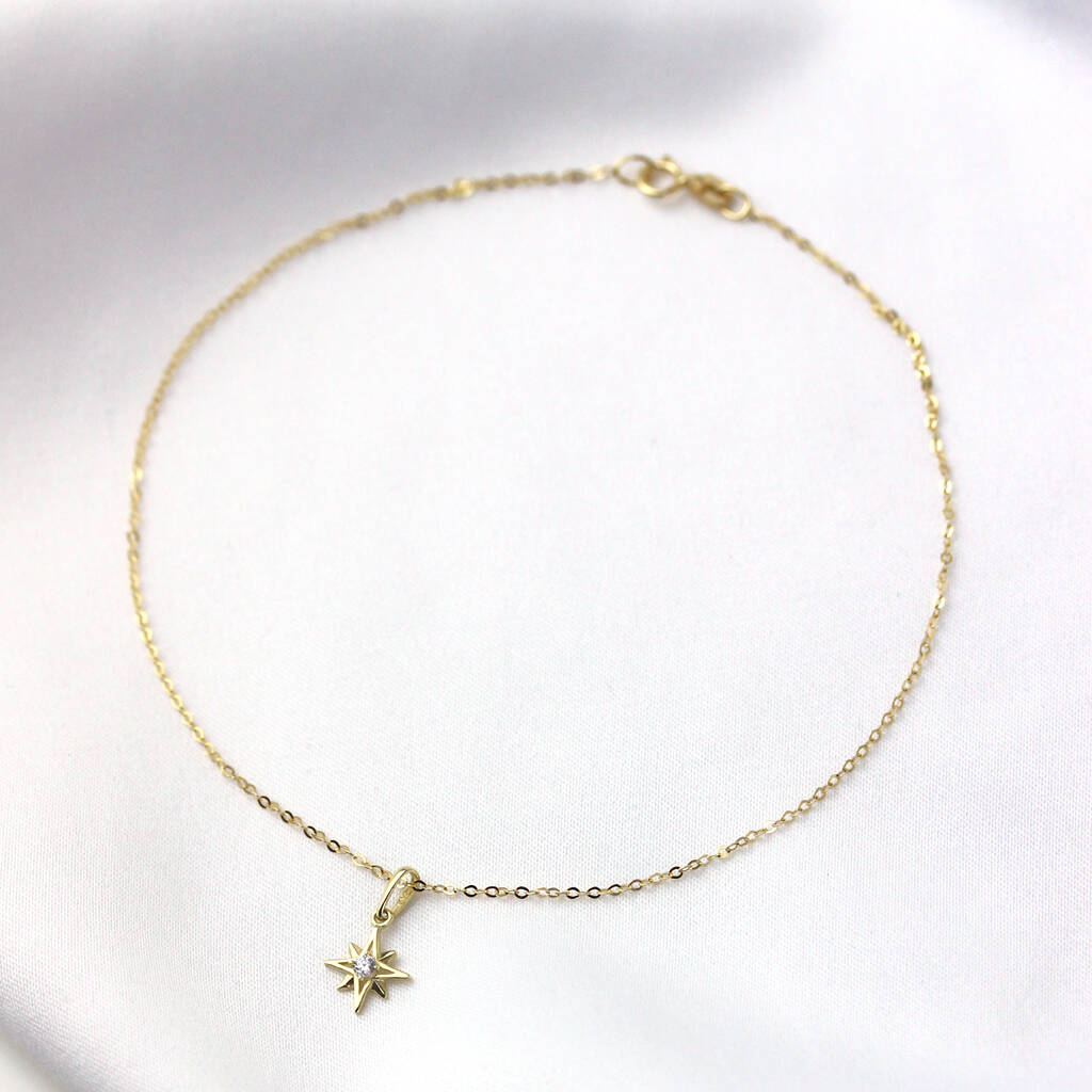 9ct Solid Gold Trace Anklet Cz Starburst Charm By jewellerybox