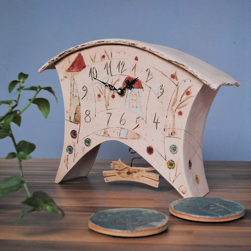 Large Unusual Mantel Clock With Pendulum Dog By IGstudio Ceramics ...