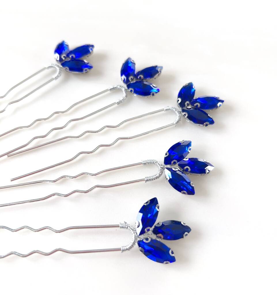 Set Of Five Royal Blue Crystal Hair Pins By Petal & Pearl Accessories