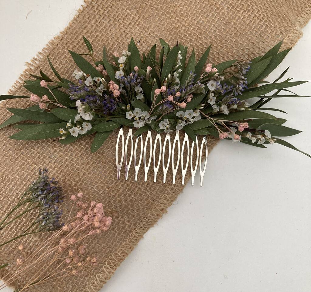 Dried Flower Hair Comb With Eucalyptus And Limonium By Zoe’s Blooms