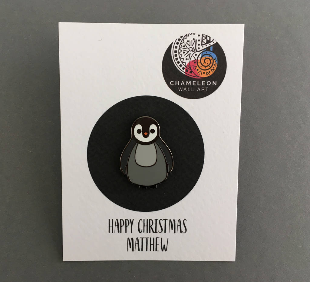 penguin enamel pin on personalised backing card by chameleon wall art ...