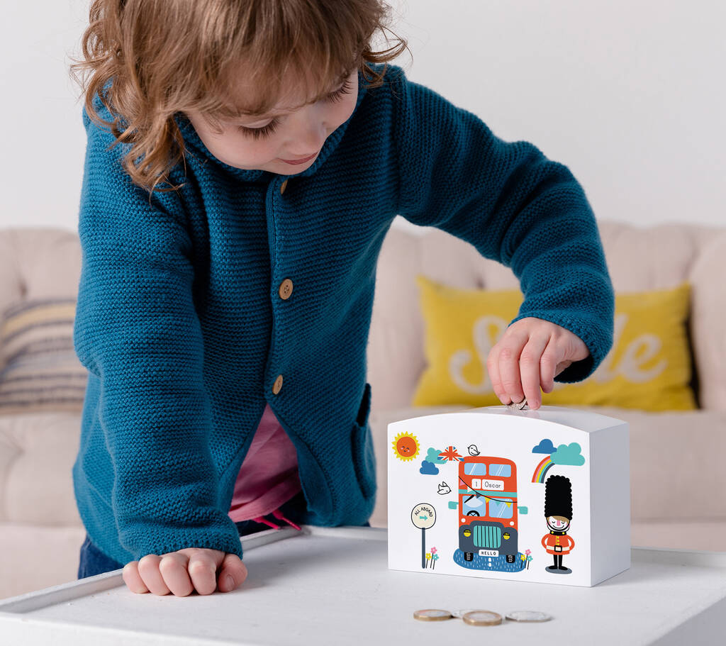 Personalised London Bus Themed Money Pot Piggy Bank By The Gifting Knot ...