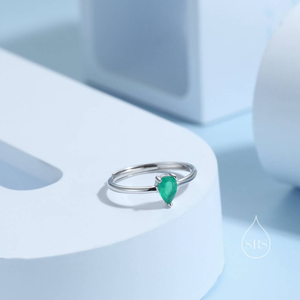 Sterling Silver Natural Green Onyx Droplet Ring By Silver Rain Silver