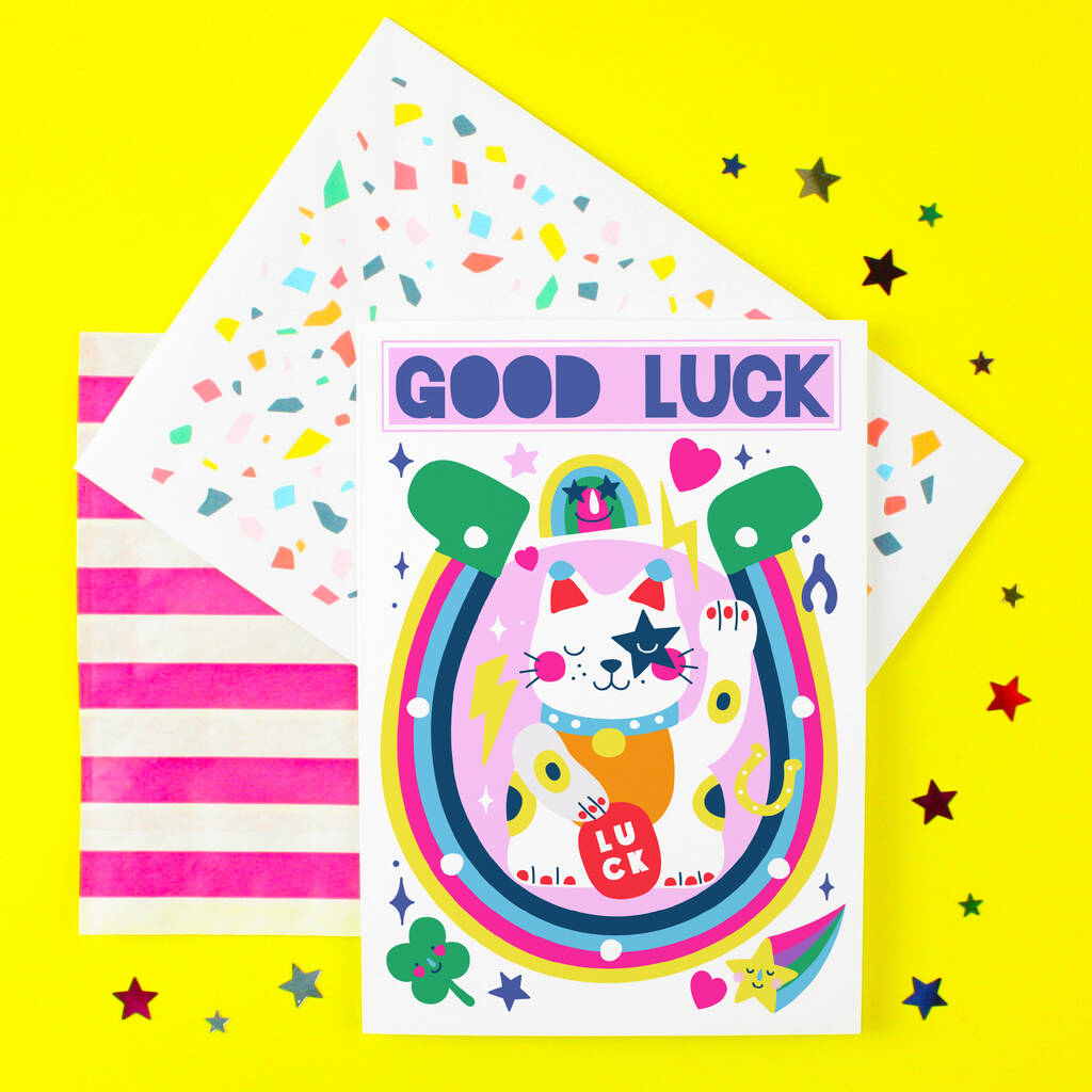 good luck cat colourful greeting card by paper joy | notonthehighstreet.com