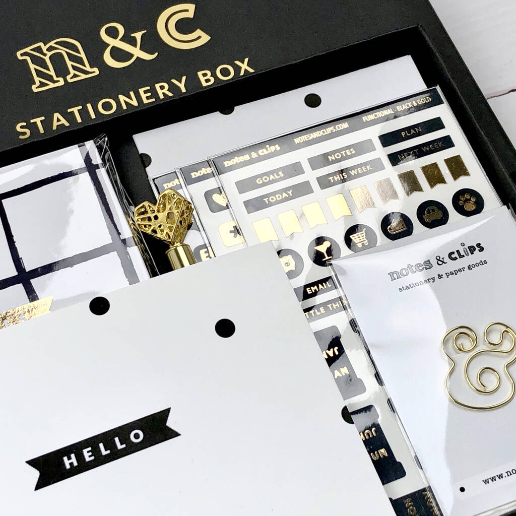 Black And Gold Stationery Box By Notes & Clips | notonthehighstreet.com