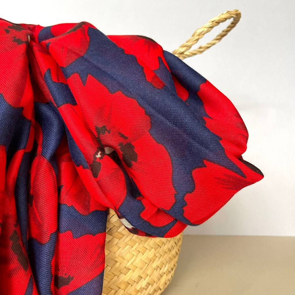 Bold Red Poppy Print Frayed Scarf In Navy Blue By Nest Gifts