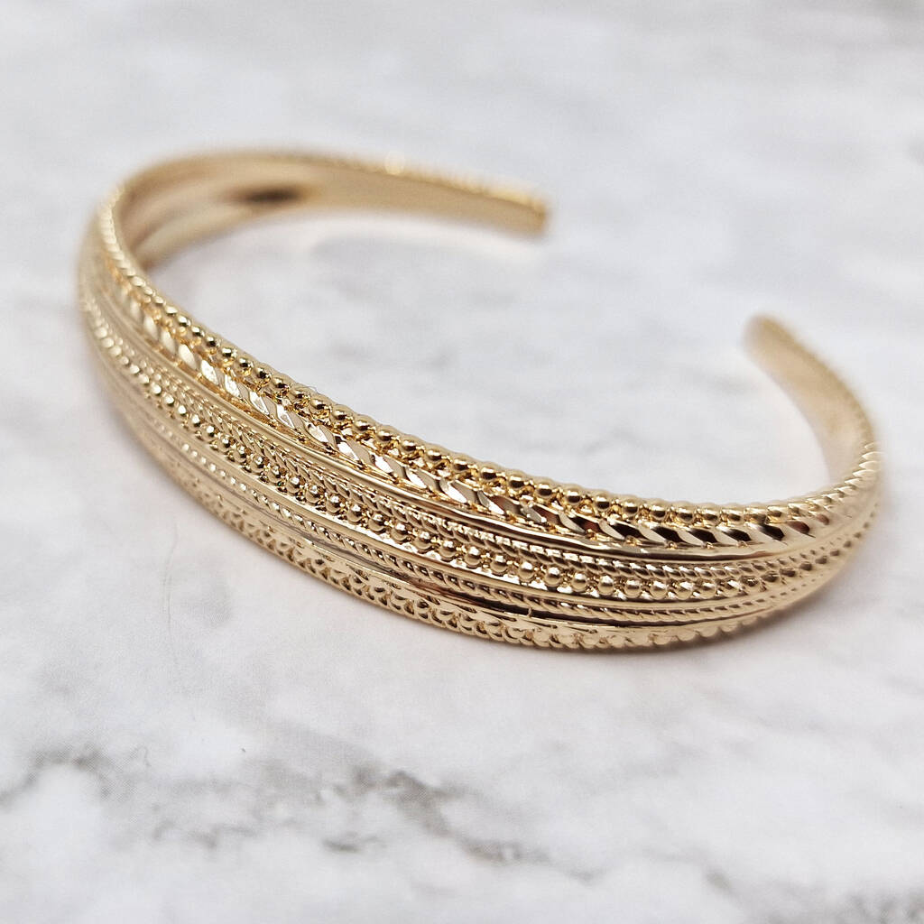 18ct Gold Vermeil Plated Textured Luxury Bangle By Harfi
