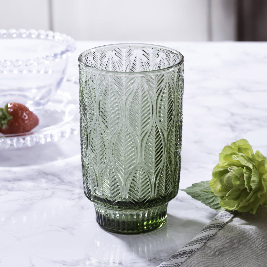 Set Of Four Green Leaf Patterned Highball Glasses By Dibor ...