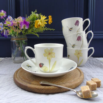 Bee And Spring Flowers China Teacup And Saucer By littlebirdydesigns ...