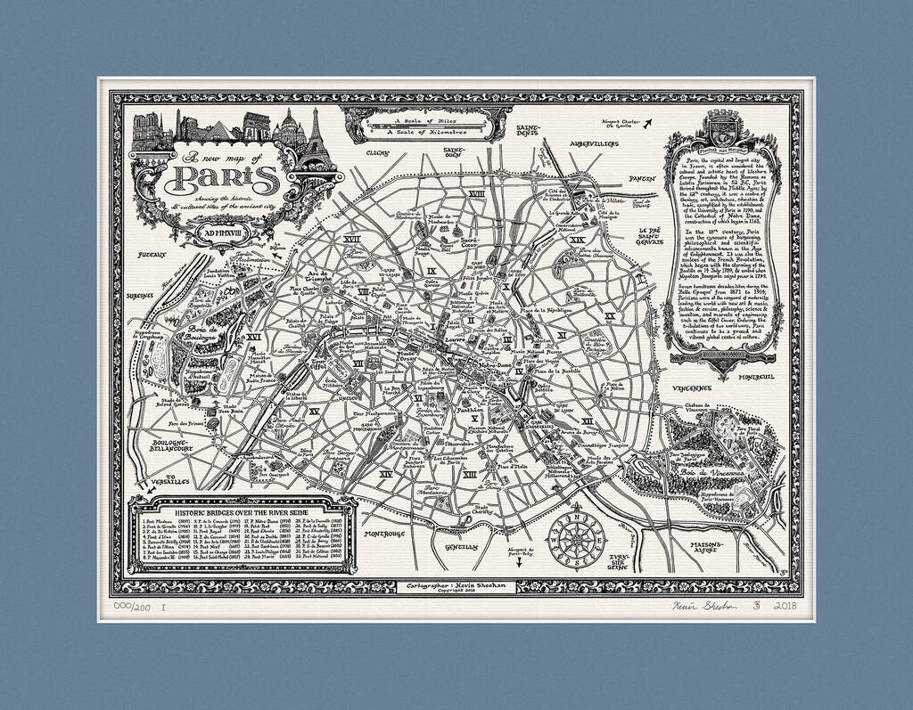 Paris Map Hand Drawn Fine Art Print By Manuscript Maps ...