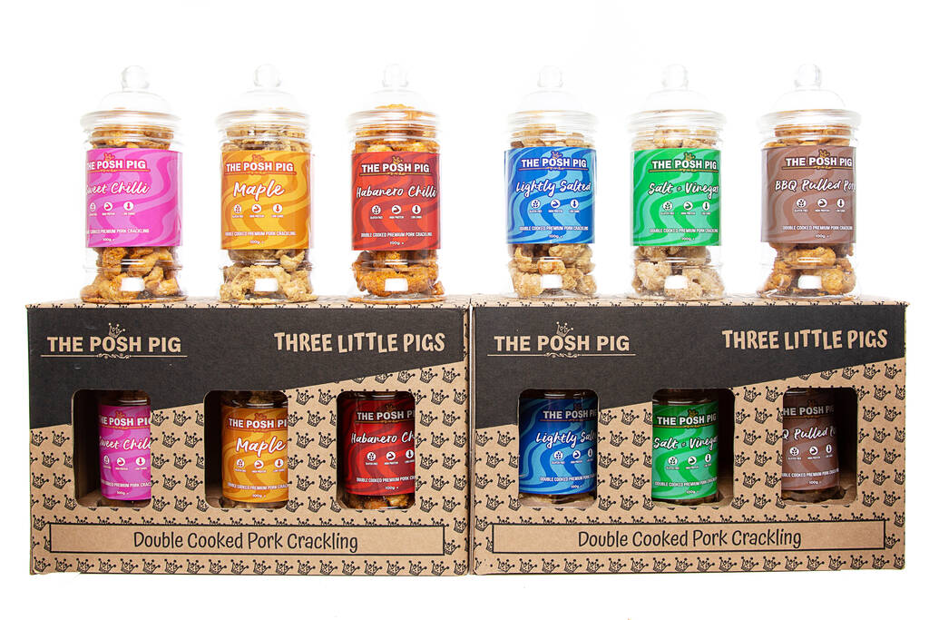 Three X 100g Flavoured Pork Crackling Jar Gift Set By The Posh Pig ...