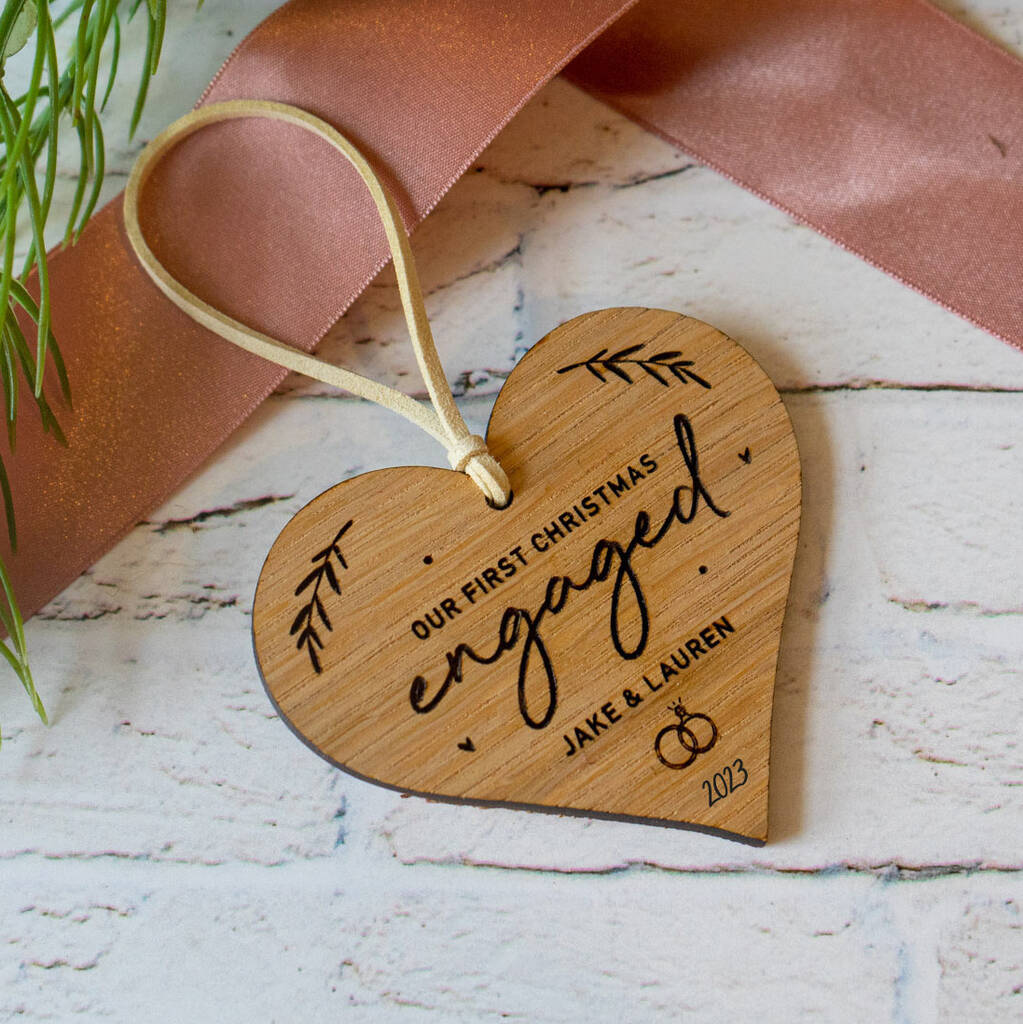 Personalised Wood First Christmas Engaged Bauble By Paperflore Studio