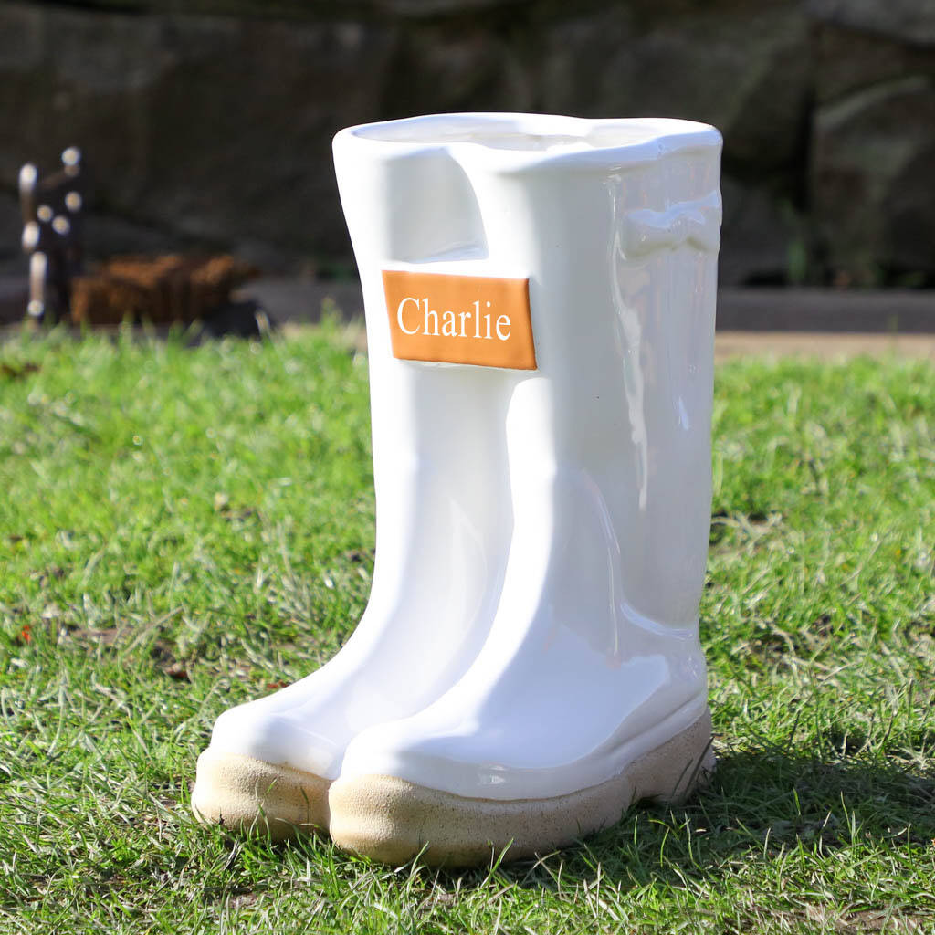 Personalised White Ceramic Welly Boot Planter By Dibor ...