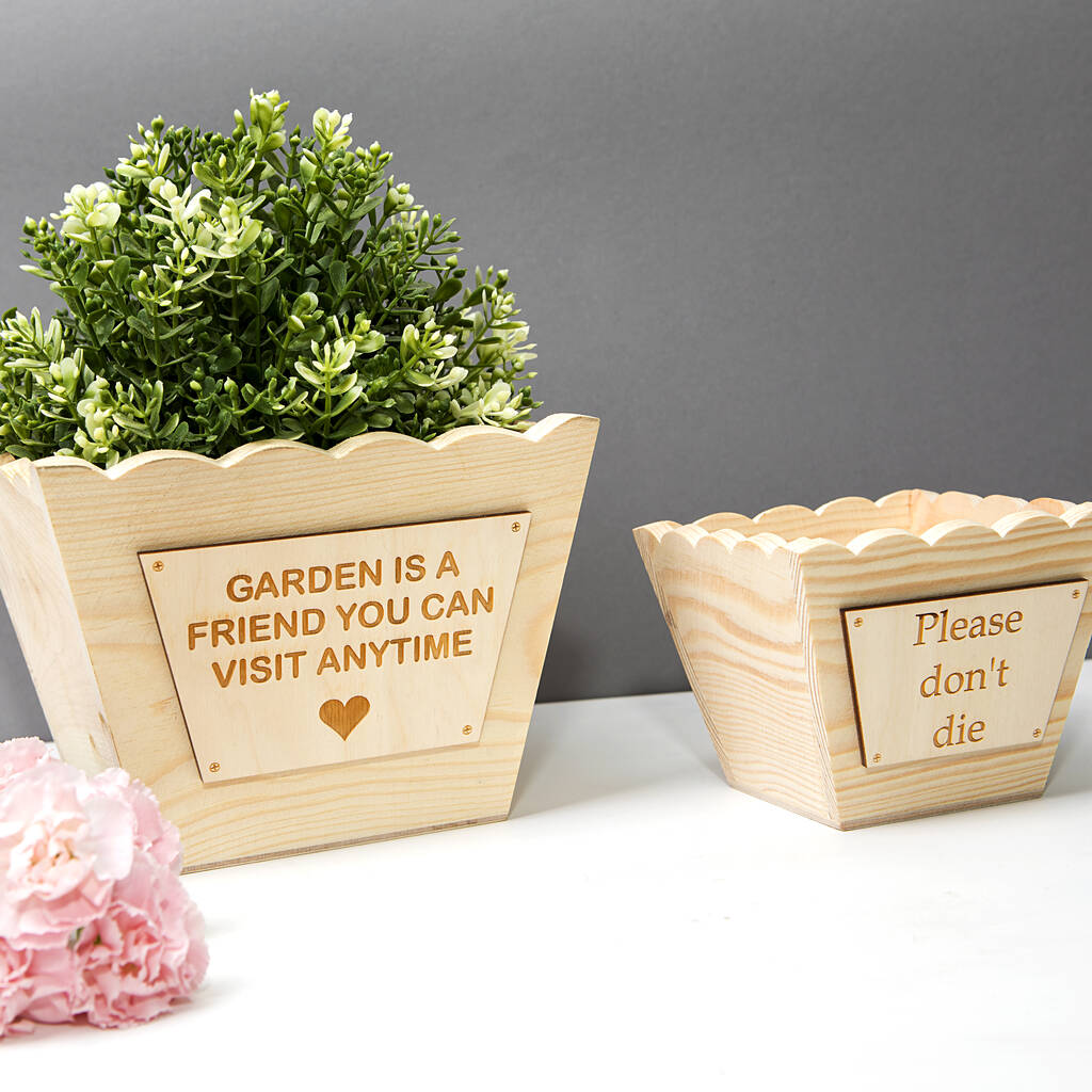 personalised handcrafted wooden plant pot by natural gift store ...
