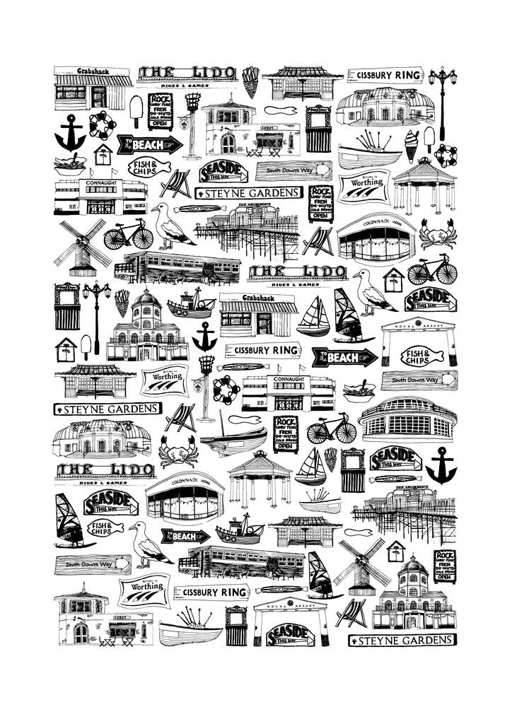 Worthing Illustrated Black And White Print By Martha Mitchell Design ...