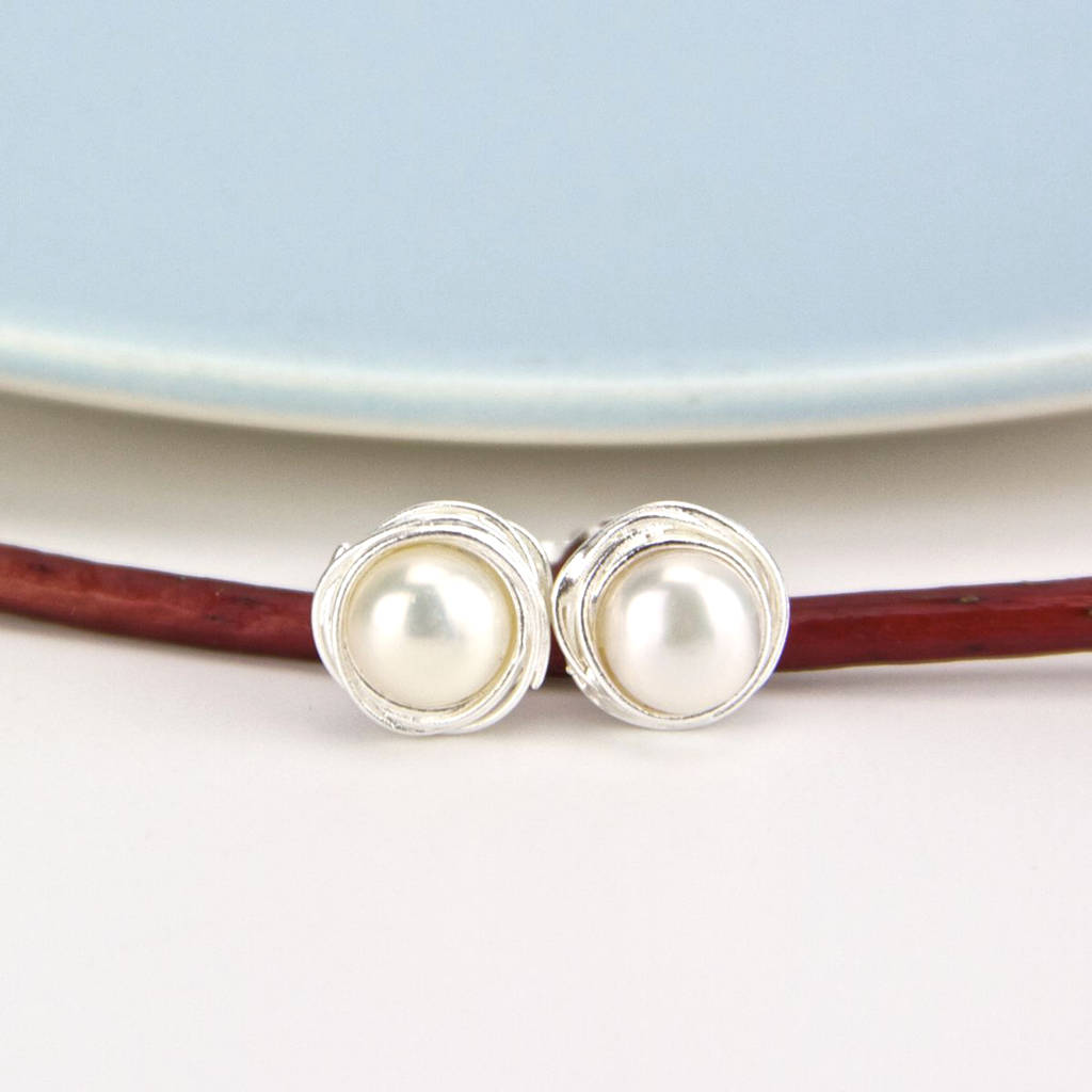 Sterling Silver Pearl Nest Stud Earrings By Gaamaa