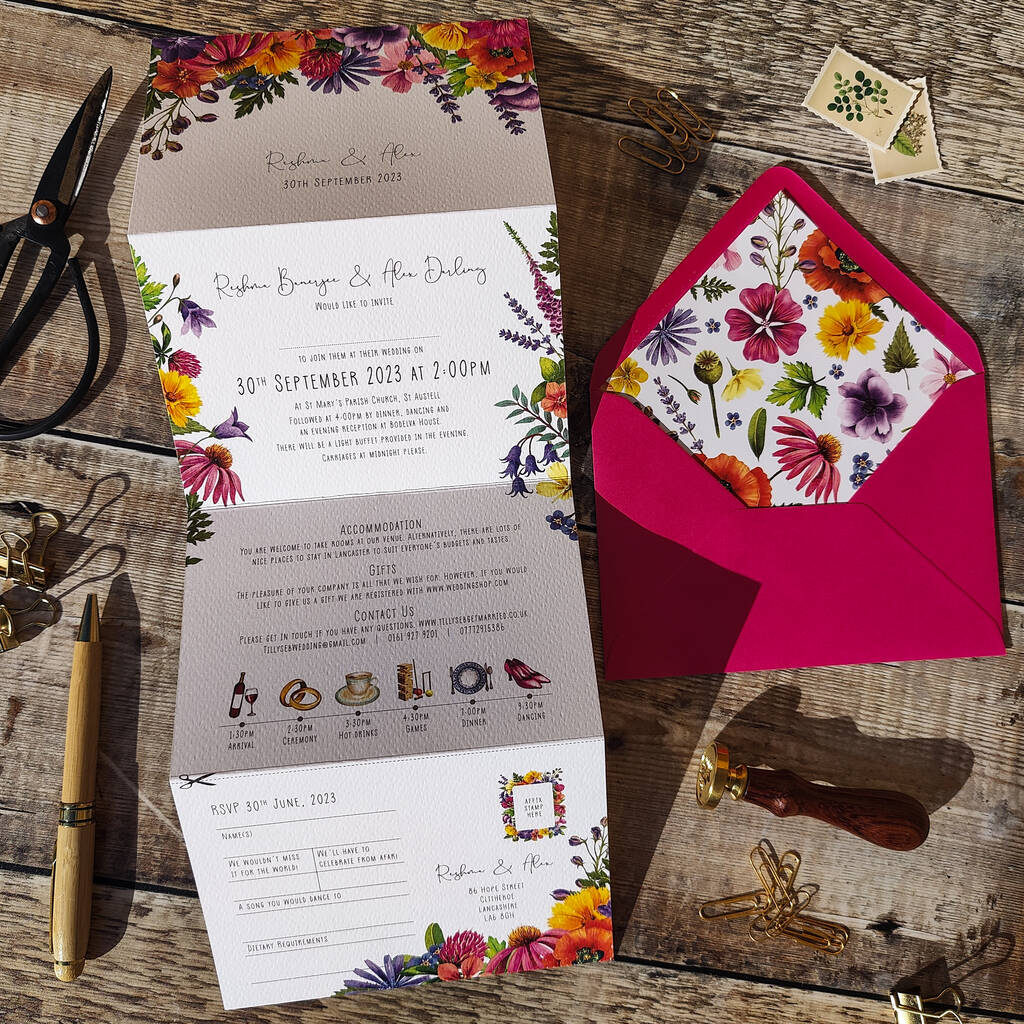 Colourful Floral Portrait Concertina Wedding Invitation By Paper Willow ...