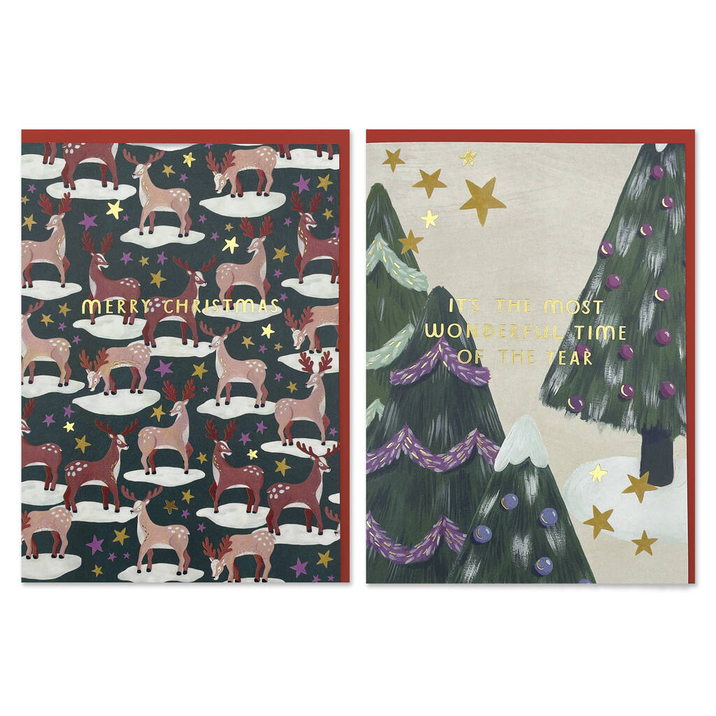 'Merry Christmas' And Painted Tree Design Card Set By Raspberry Blossom