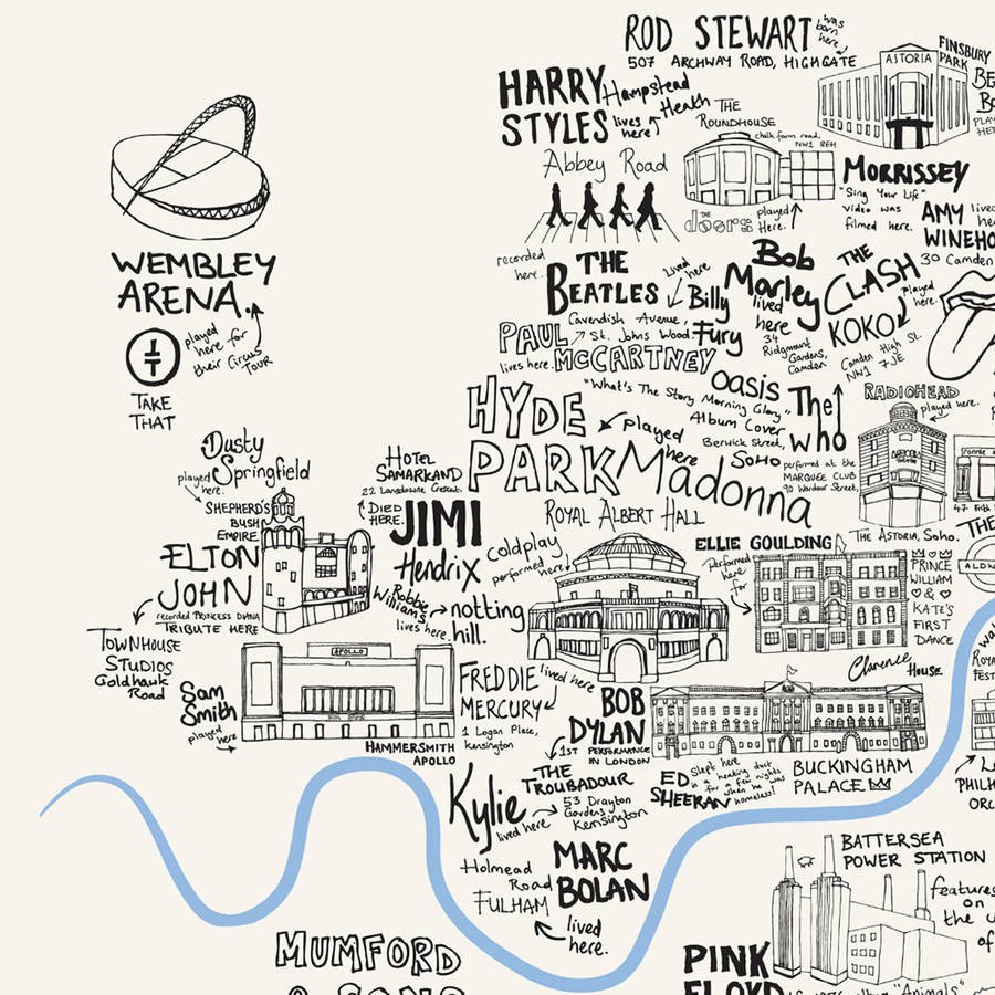 illustrated musical map of london by mixpixie | notonthehighstreet.com