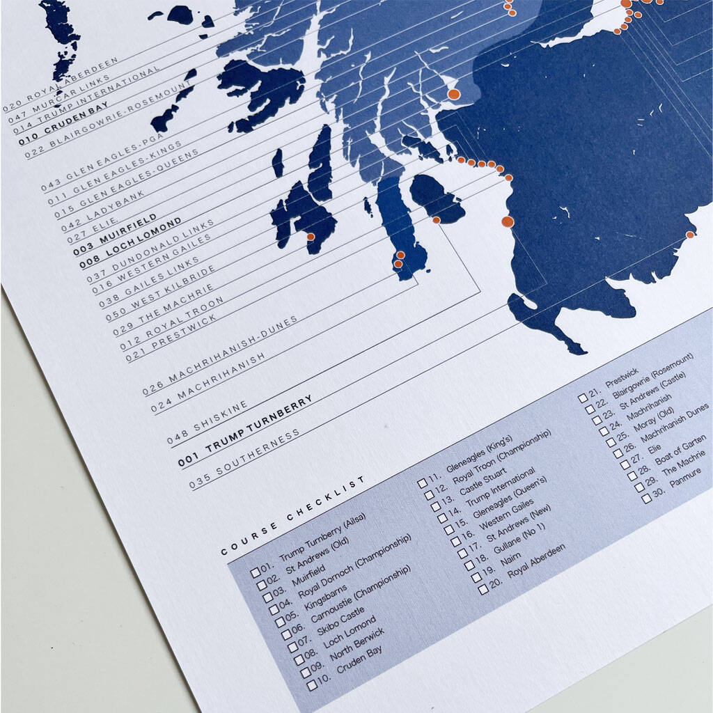 Blue Scotland Golf Course Map And Checklist Top 50 By Replay Prints ...