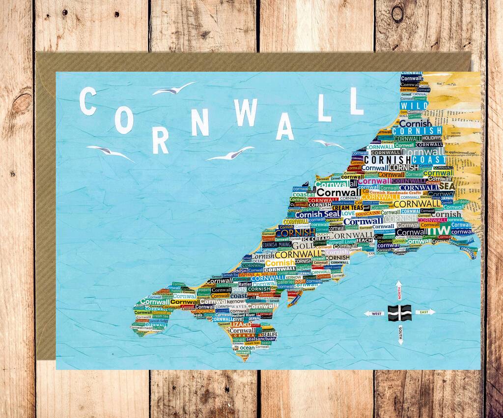Cornwall Map Upcycled Collage Card By Junk Mail Art ...