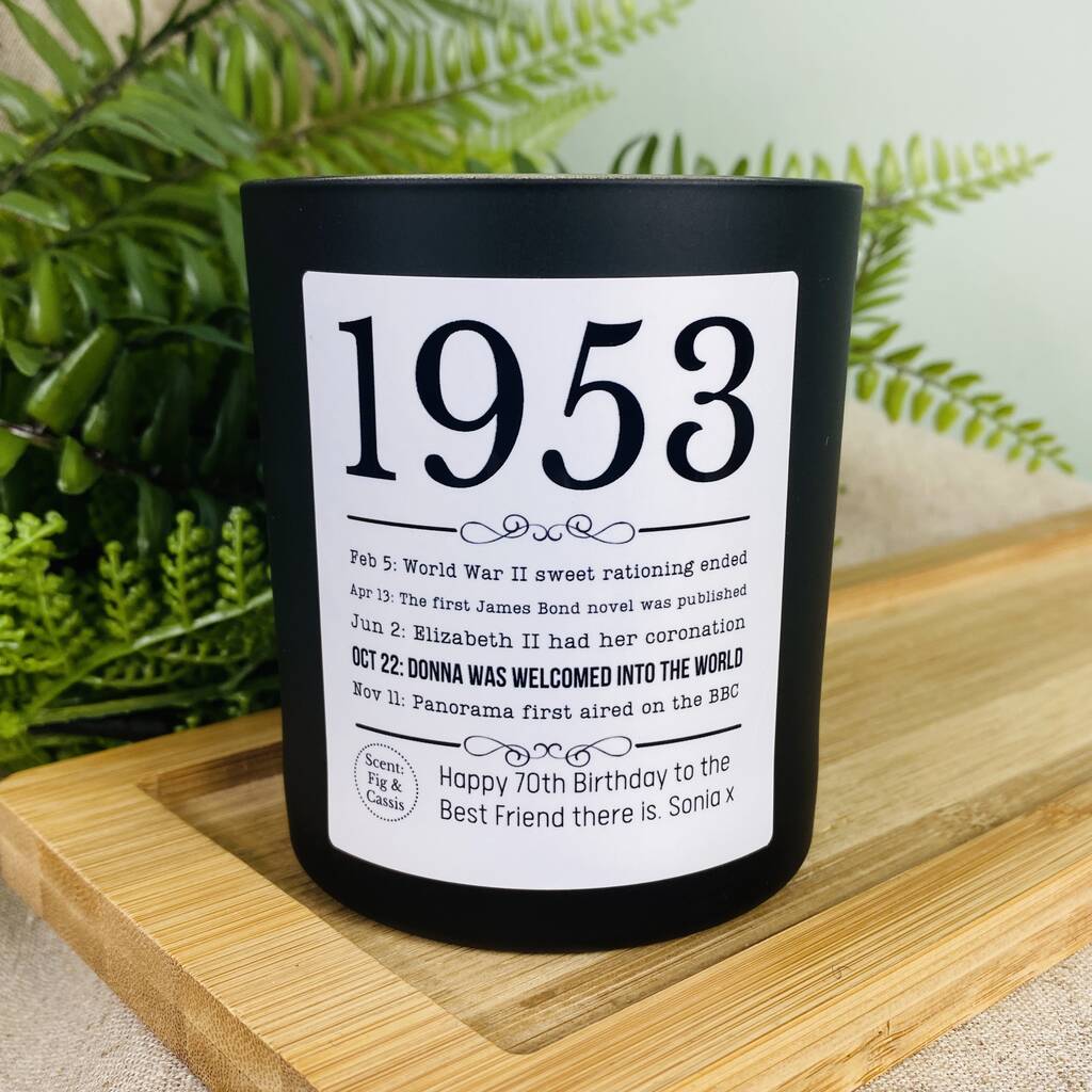 Personalised 70th 1953 Timeline Birthday Candle By The Fire Shack