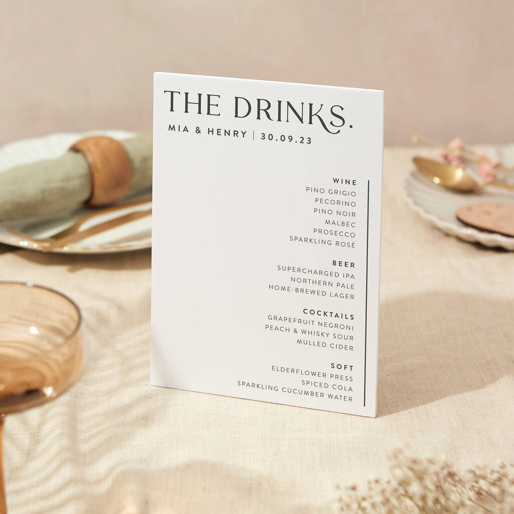 Wedding Drinks Menu Sign A4 Sturdy Minimal Layout By LOOM Weddings