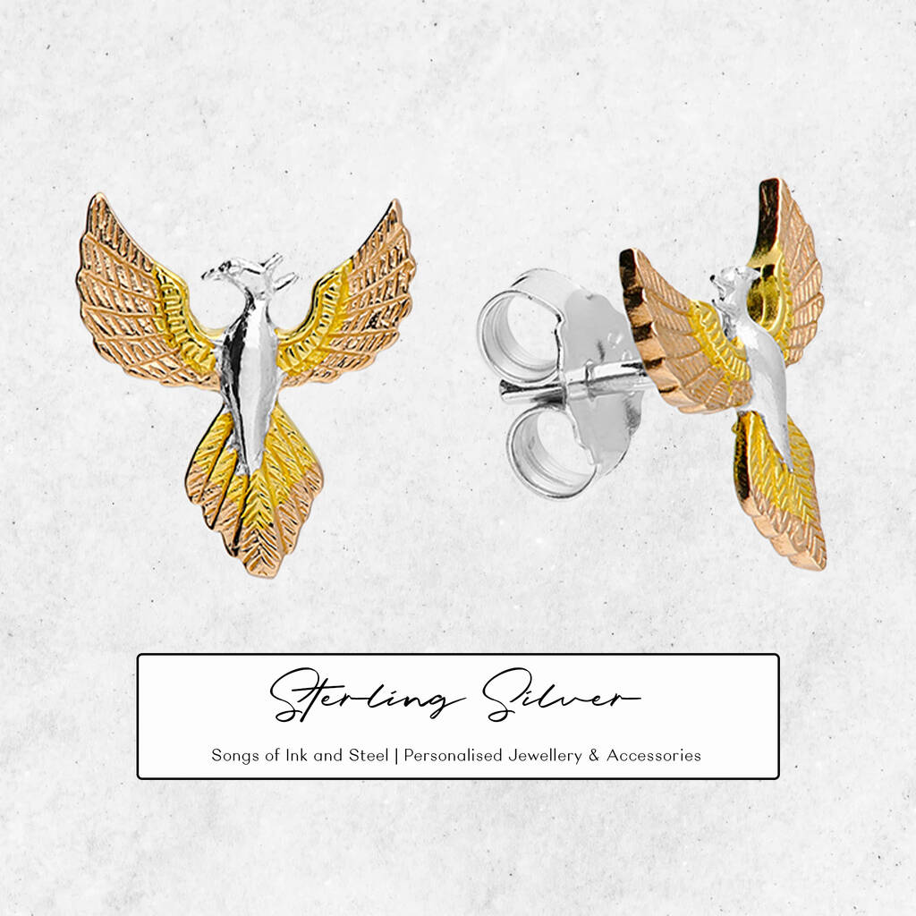 18ct Gold Plated Phoenix Stud Earrings By Songs of Ink and Steel ...