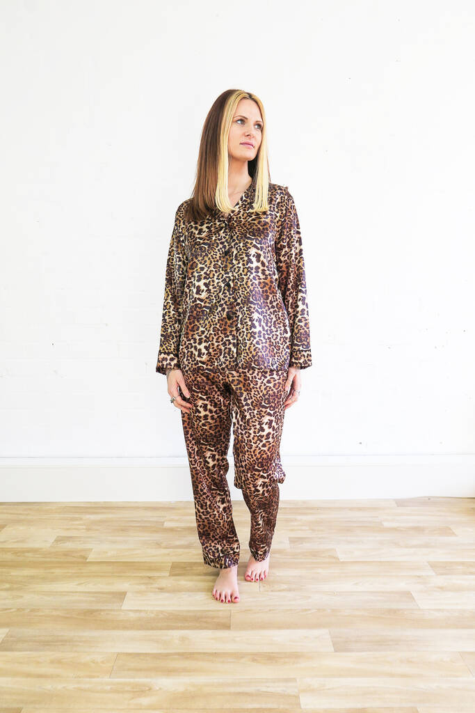 British Made Leopard Print Satin Long Sleeved Pyjama Set By Fox In A Box