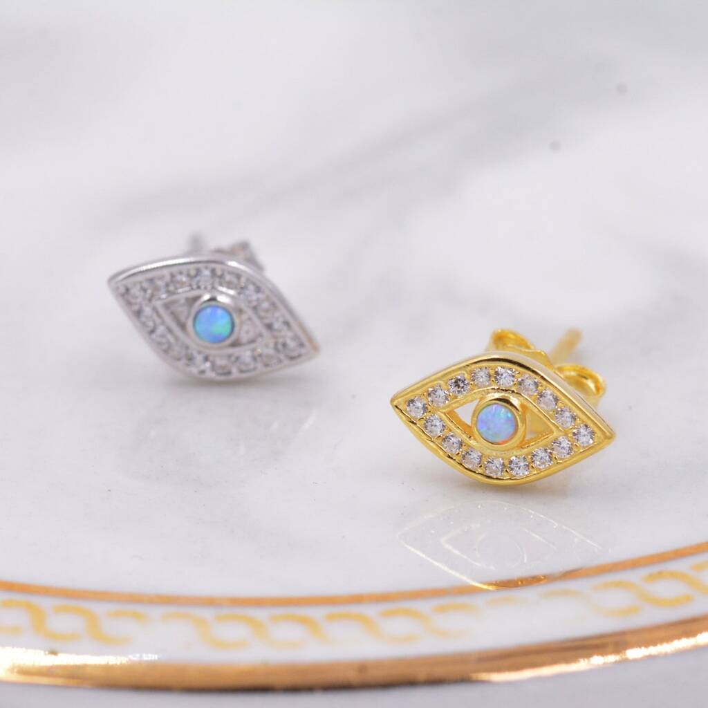 Sterling Silver Blue Opal Evil Eye Stud Earrings By Silver Rain Silver