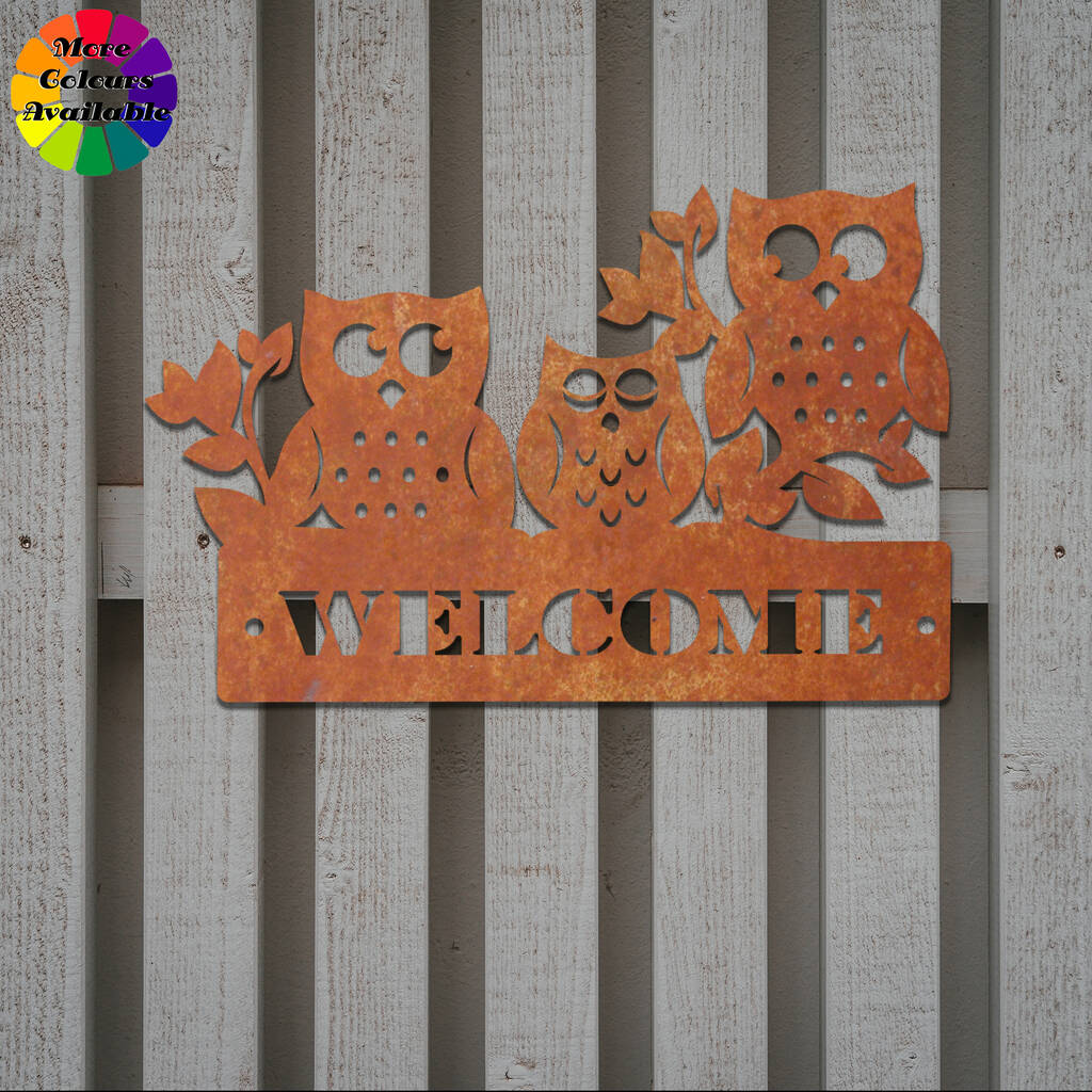 Metal Owls Welcome Sign Decor Rusty Metal Owls Wall Art By Duke Craft ...