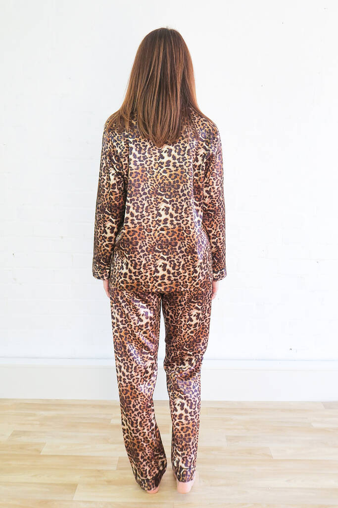 British Made Leopard Print Satin Long Sleeved Pyjama Set By Fox In A Box