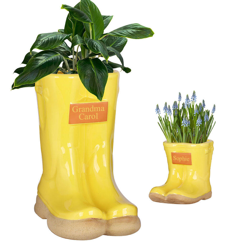 Set Of Two Personalised Yellow Welly Boot Planters By Dibor ...