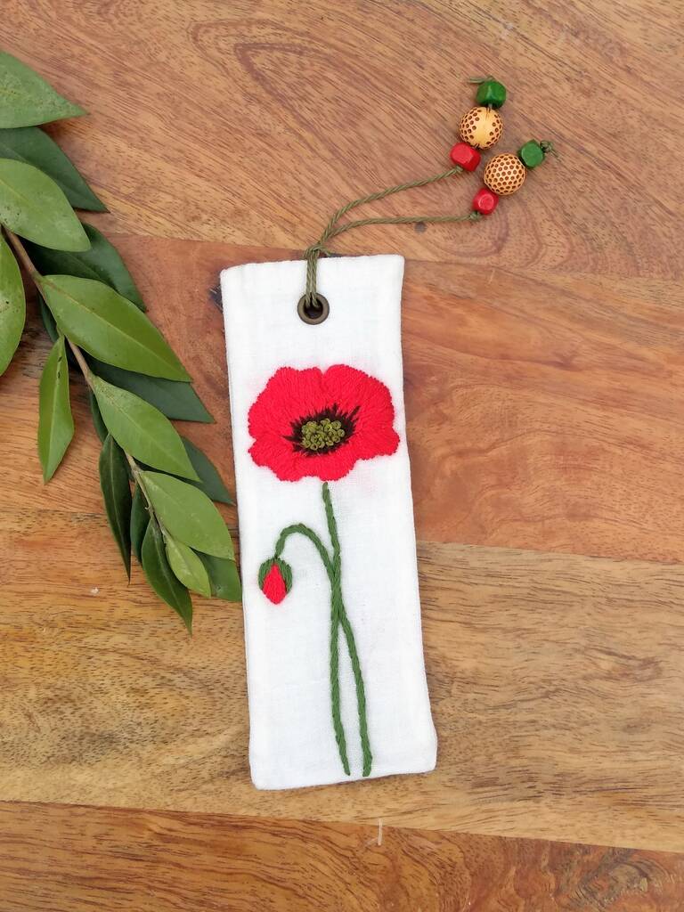 Poppy Hand Embroidered Linen Bookmark By Southsea Linen ...