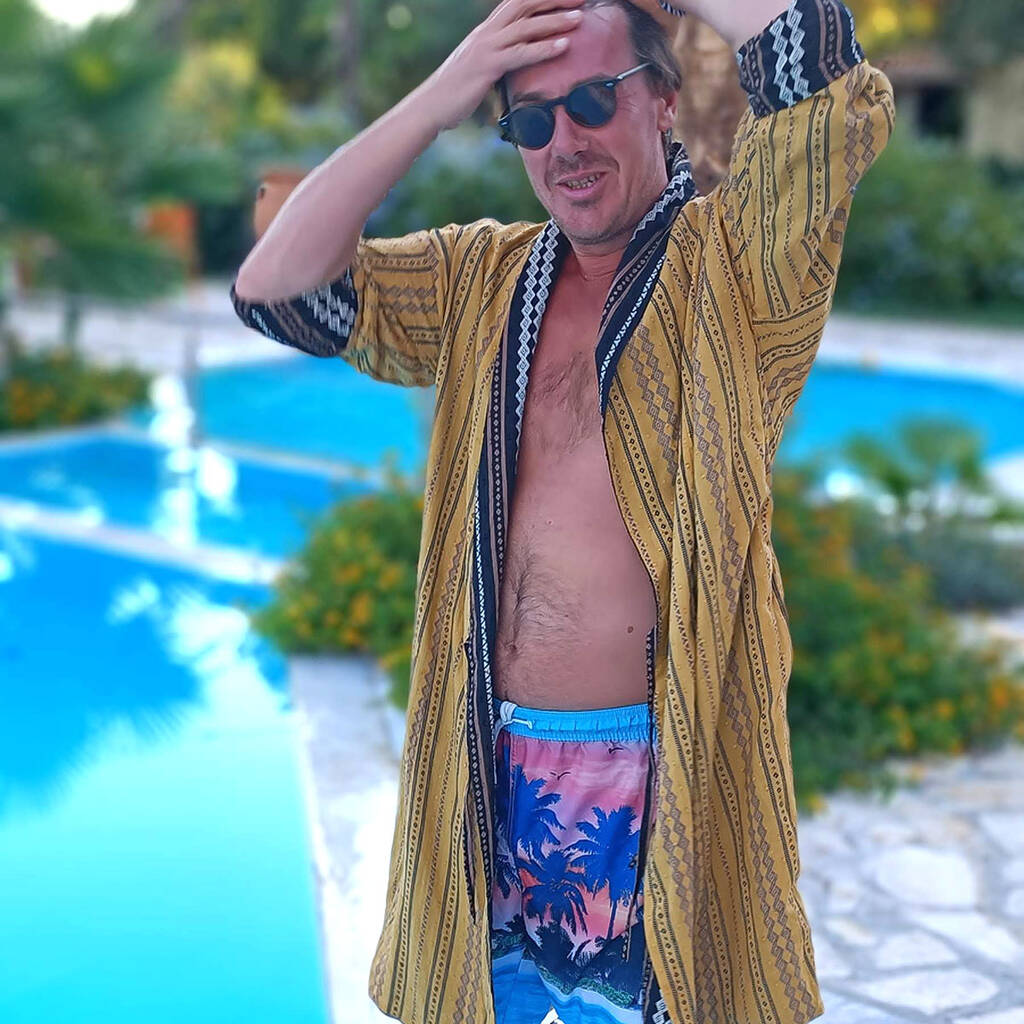 Men's Cotton Dressing Gown Kimono 'Kernel Mustard' By Verry Kerry