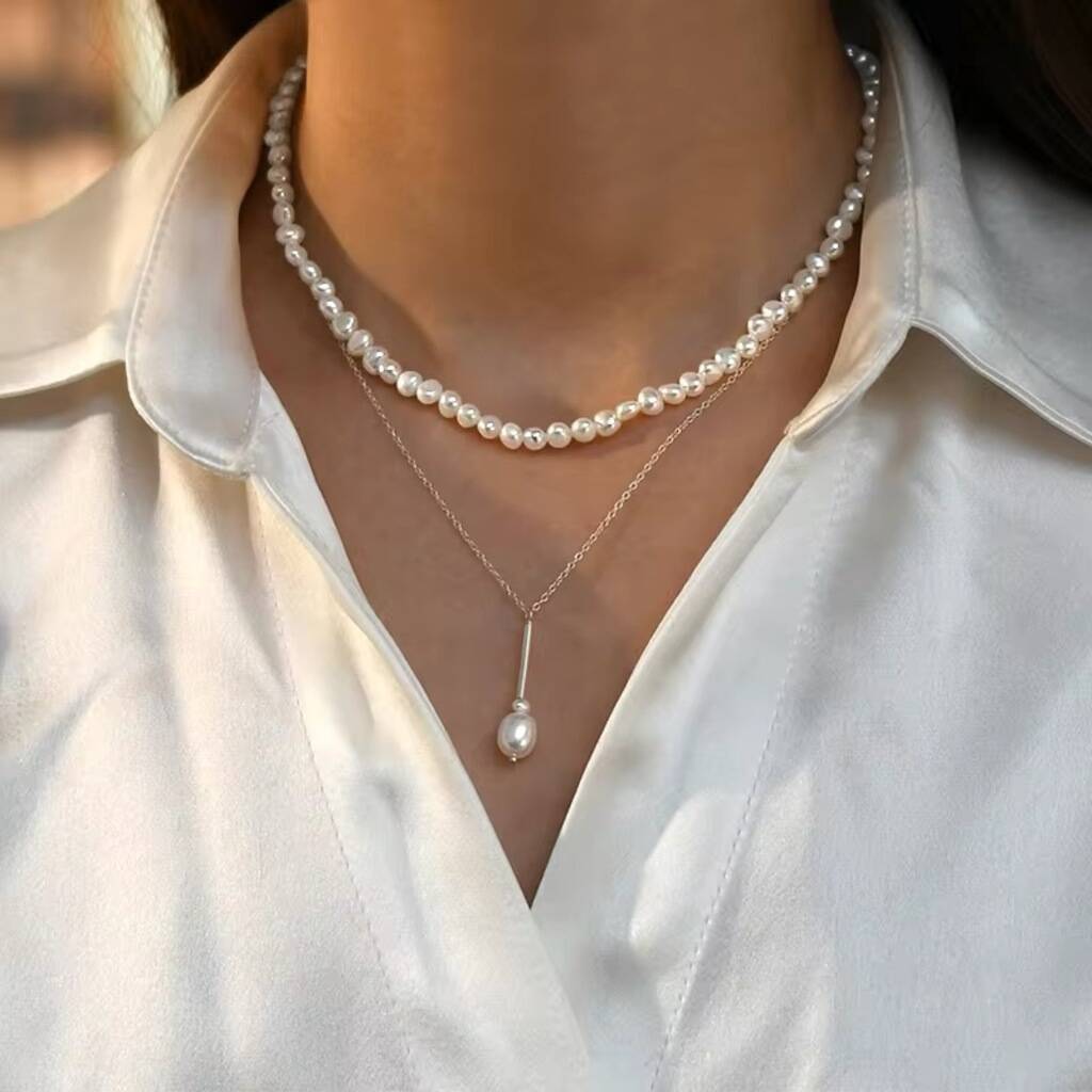 Chrisette White Ivory Silver Pearl Drop Jewel Gift Necklace By Sade Noveau