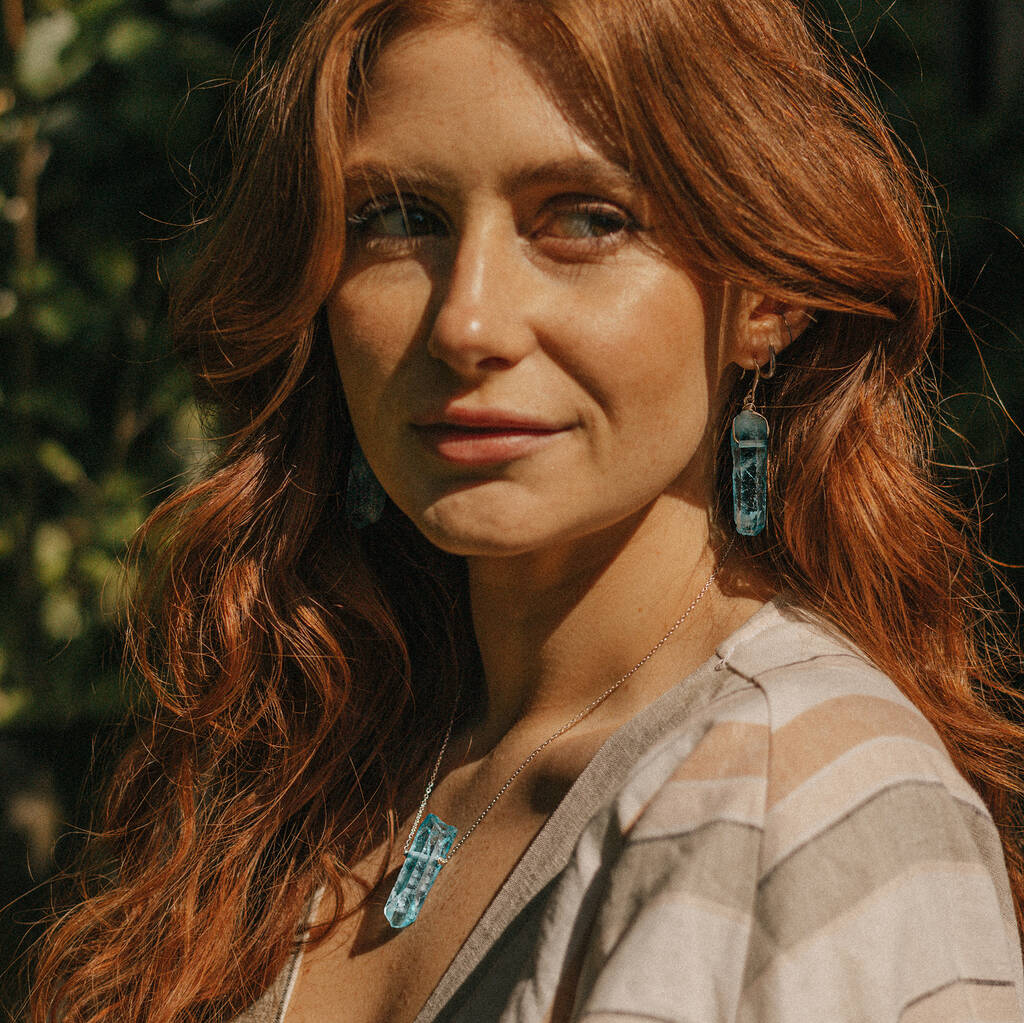 925 Silver Raw Cut Sky Blue Agate Crystal Earrings By Xander Kostroma