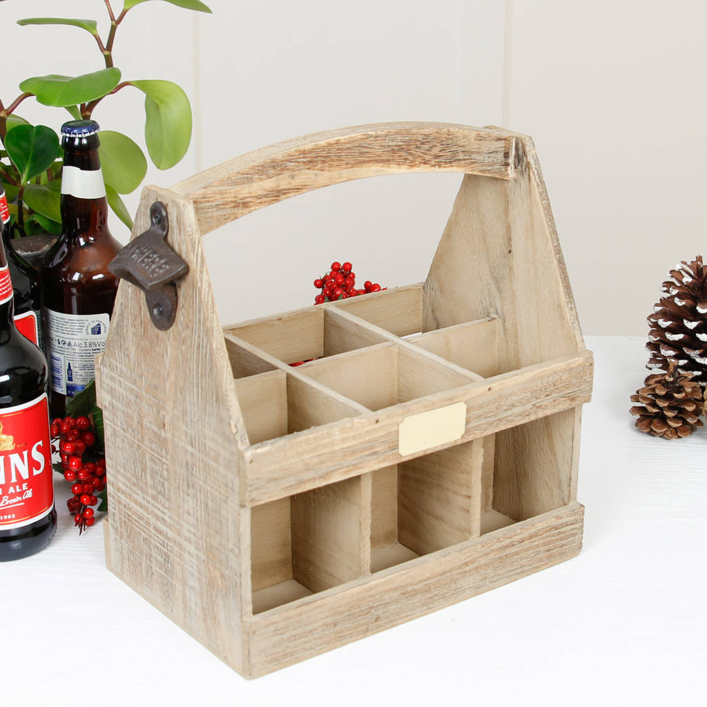 personalised natural oak wood six bottle beer carrier by dibor ...