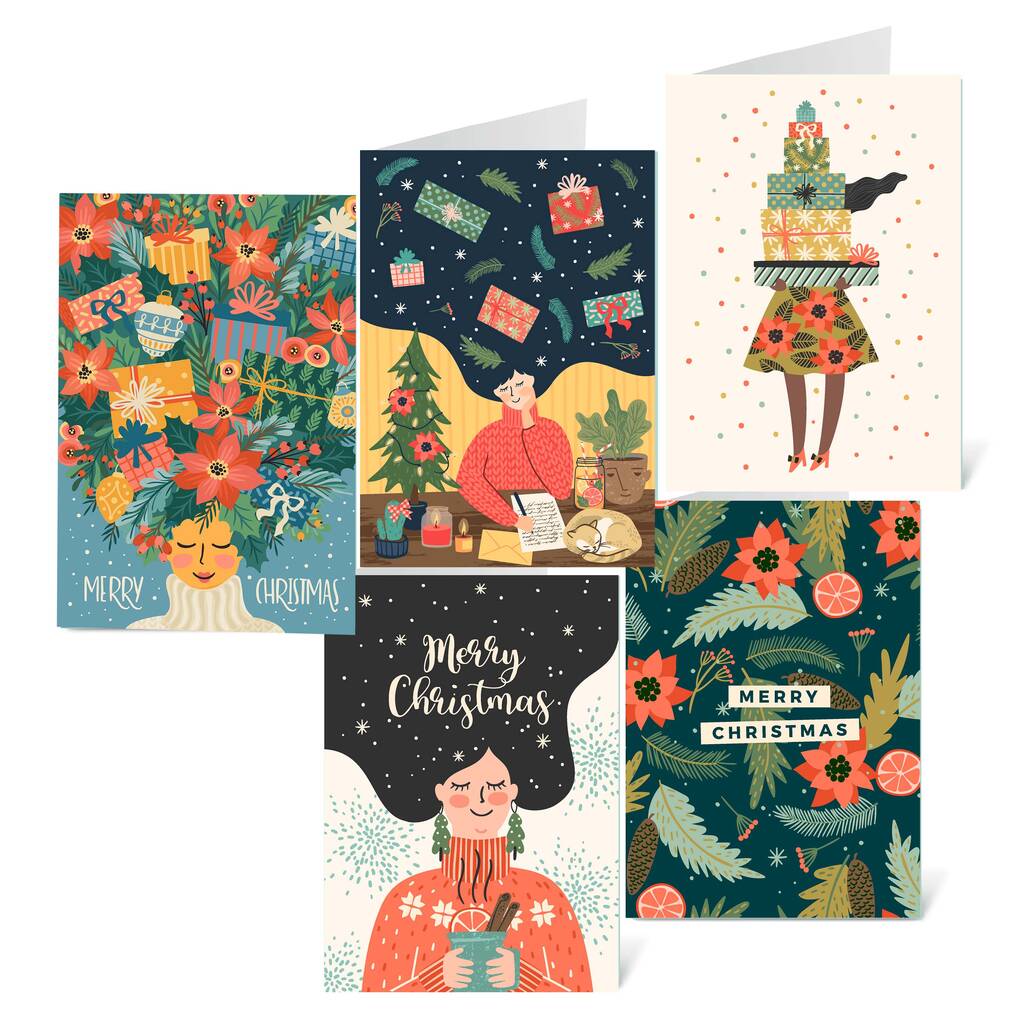 Festive Women Christmas Cards Pack Of 10 By Flourish Paperworks