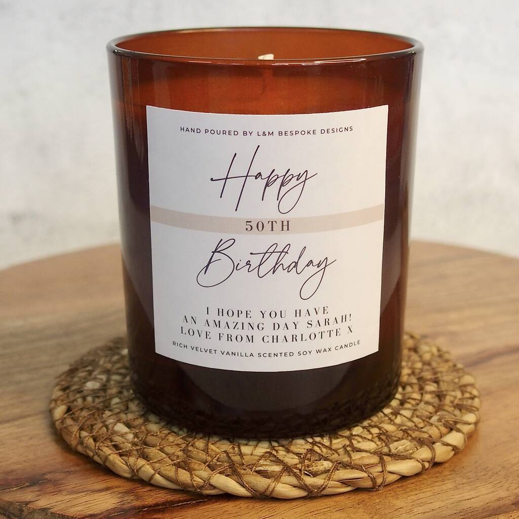 50th Birthday Personalised Amber Glass Candle Gift By L&M Bespoke Designs