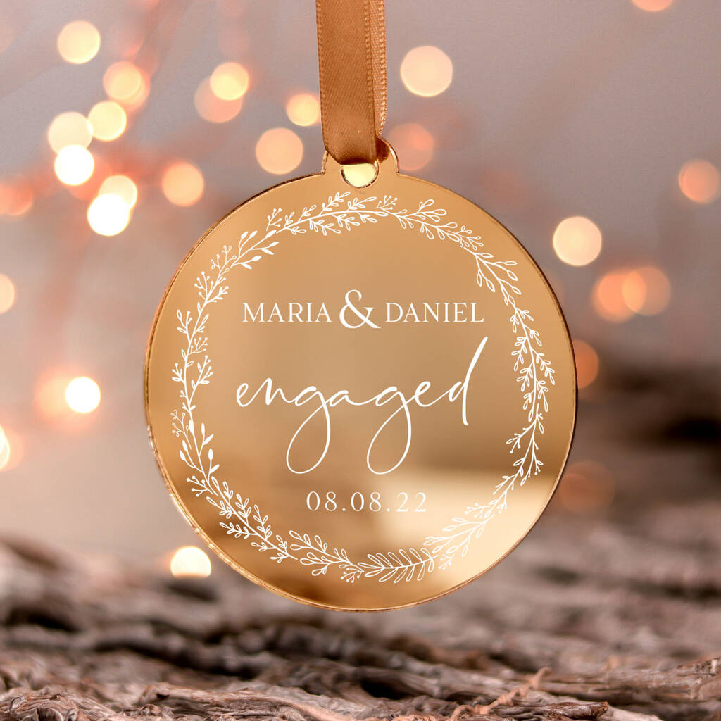 1st Christmas Engaged Personalised Gold Bauble By Secret Creation