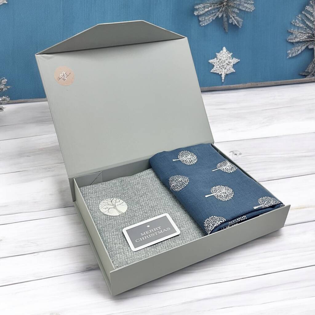 Gift Boxed Grey Winter Scarf And Denim Blue Metallic Mulberry Tree ...